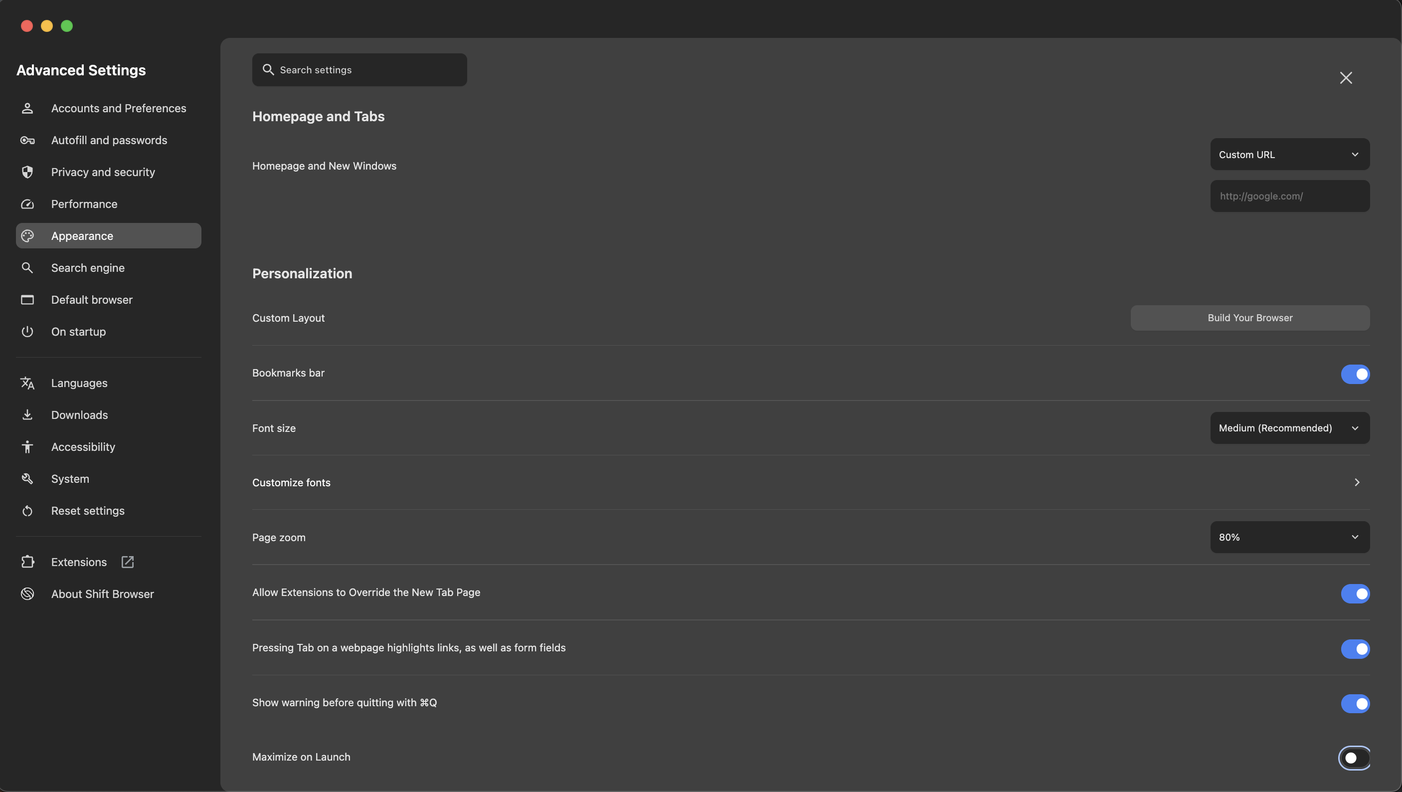 All About Appearance Settings – Shift Browser